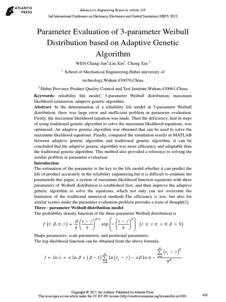 Parameter Evaluation of 3-Parameter Weibull Distribution Based On Adaptive Genetic Algorithm ...