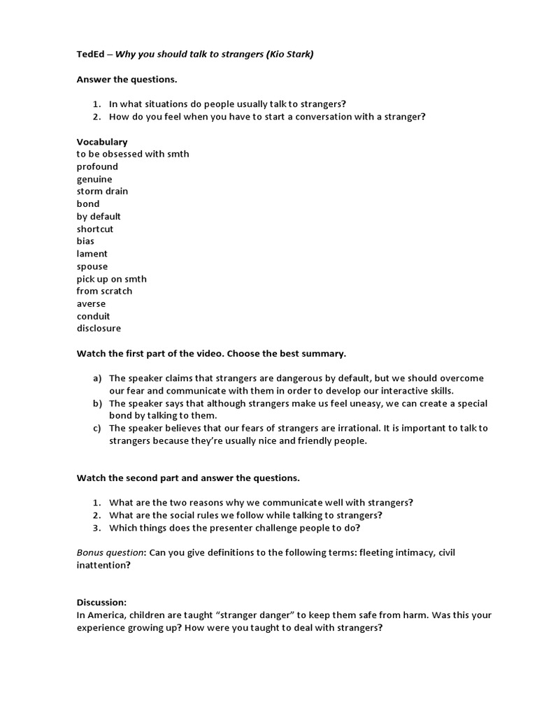 Teded - Why You Should Talk To Strangers (Kio Stark) Answer The ...