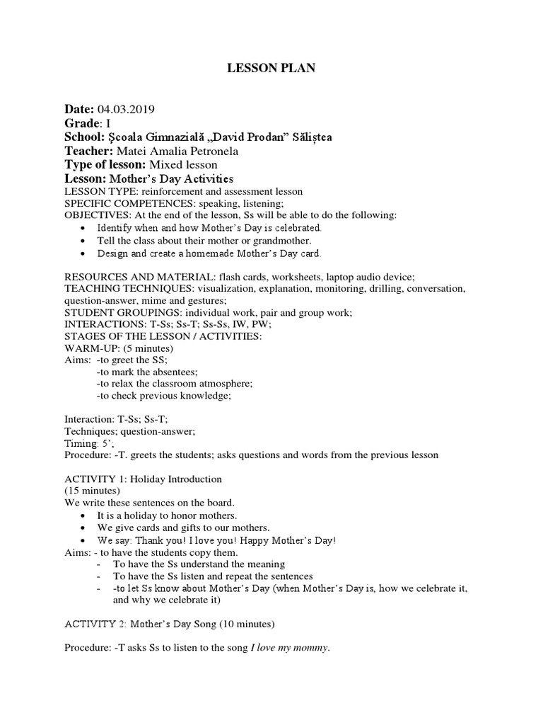 LESSON PLAN - Clasa I - Mother's Day | PDF | Lesson Plan | Teaching