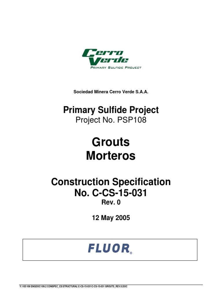 Grouts Specification for Mining Project | PDF | Epoxy | Concrete