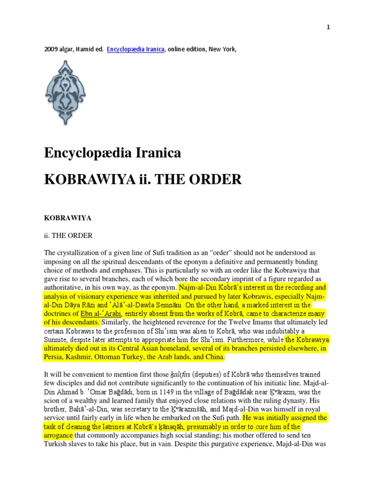 Algar in Iranica Encyclopedia On Kubrawiyya | PDF | Sufism | Shia Islam