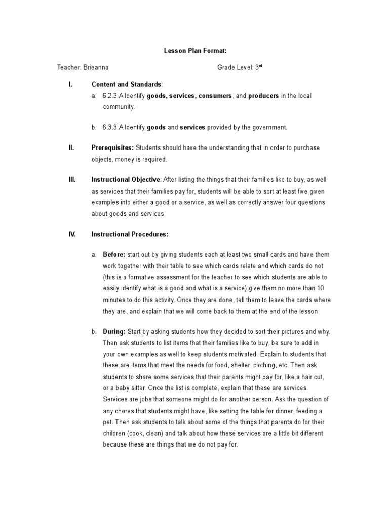 Goods and Services Lesson Plan | PDF | Lesson Plan | Change
