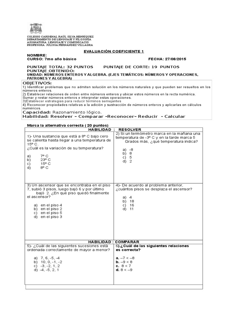 Prueba de Septimo (Enteros) | PDF | Sustracción | Entero