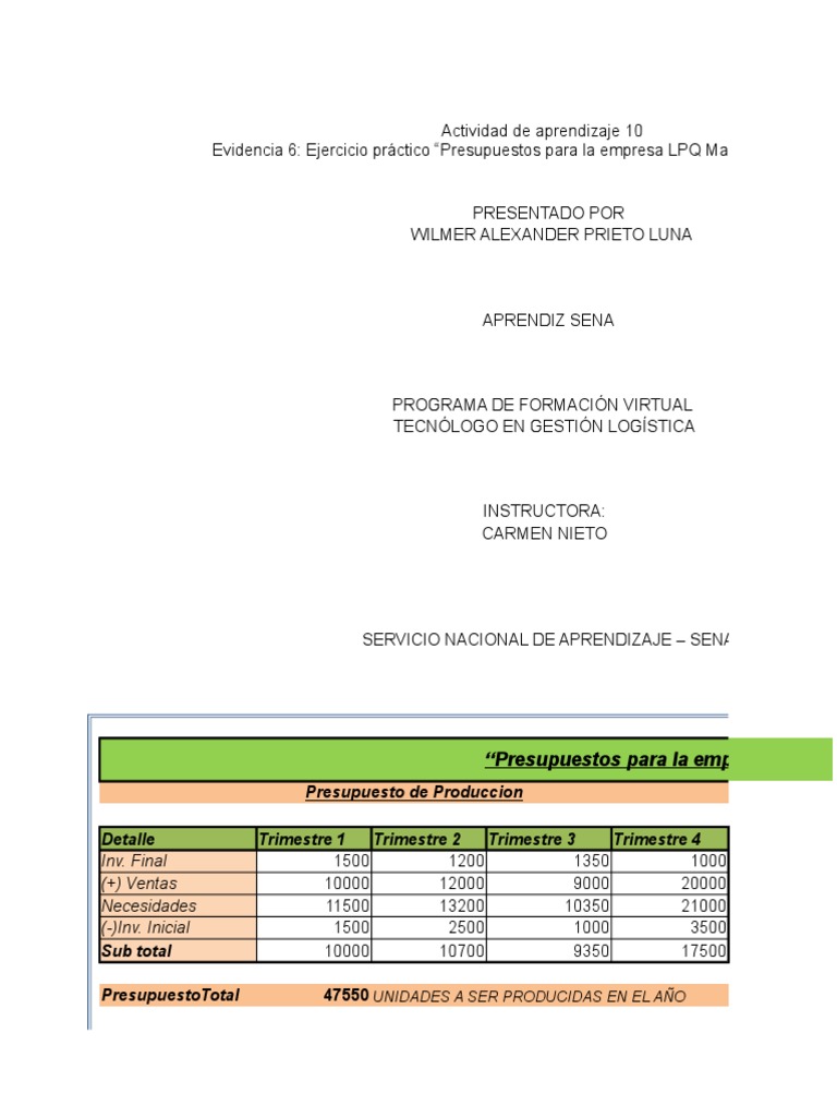 Actividad de Aprendizaje 10 Evidencia 6 Ejercicio Práctico Presupuestos para La Empresa LPQ ...