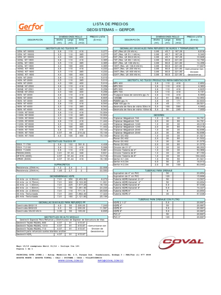 Geosystems Price List: Specifications and Pricing for Geotextiles ...