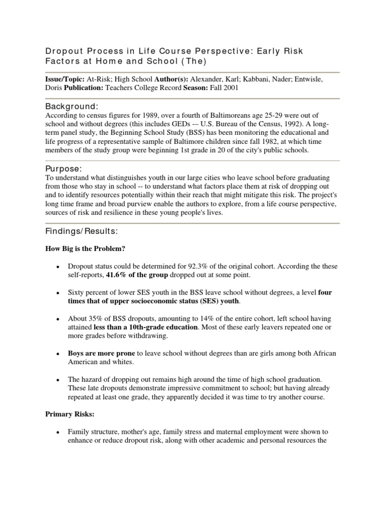 Dropout Process in Life Course Perspective: Early Risk Factors at Home ...
