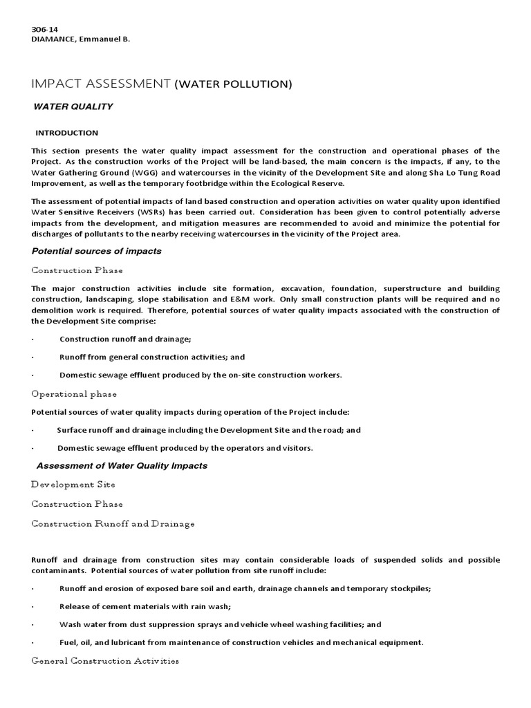 Impact Assessment (Water Pollution) : Construction Phase | PDF ...