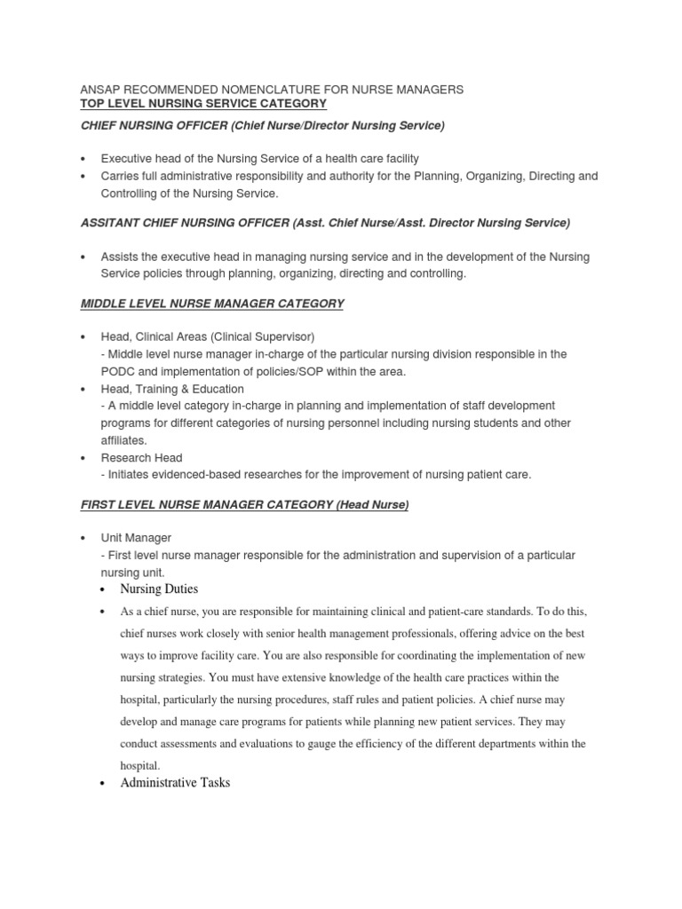 Ansap Recommended Nomenclature For Nurse Managers | PDF | Nursing ...