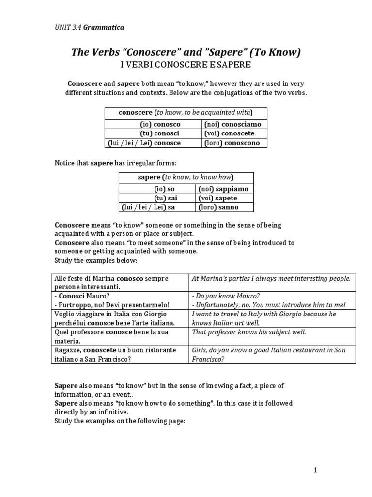 The Verbs "Conoscere" and "Sapere" (To Know) | PDF | Grammar ...