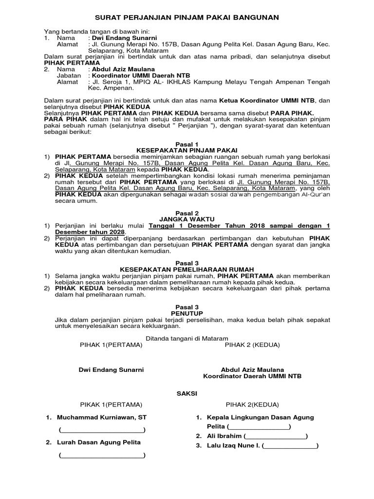Surat Perjanjian Pinjam Pakai Bangunan | PDF