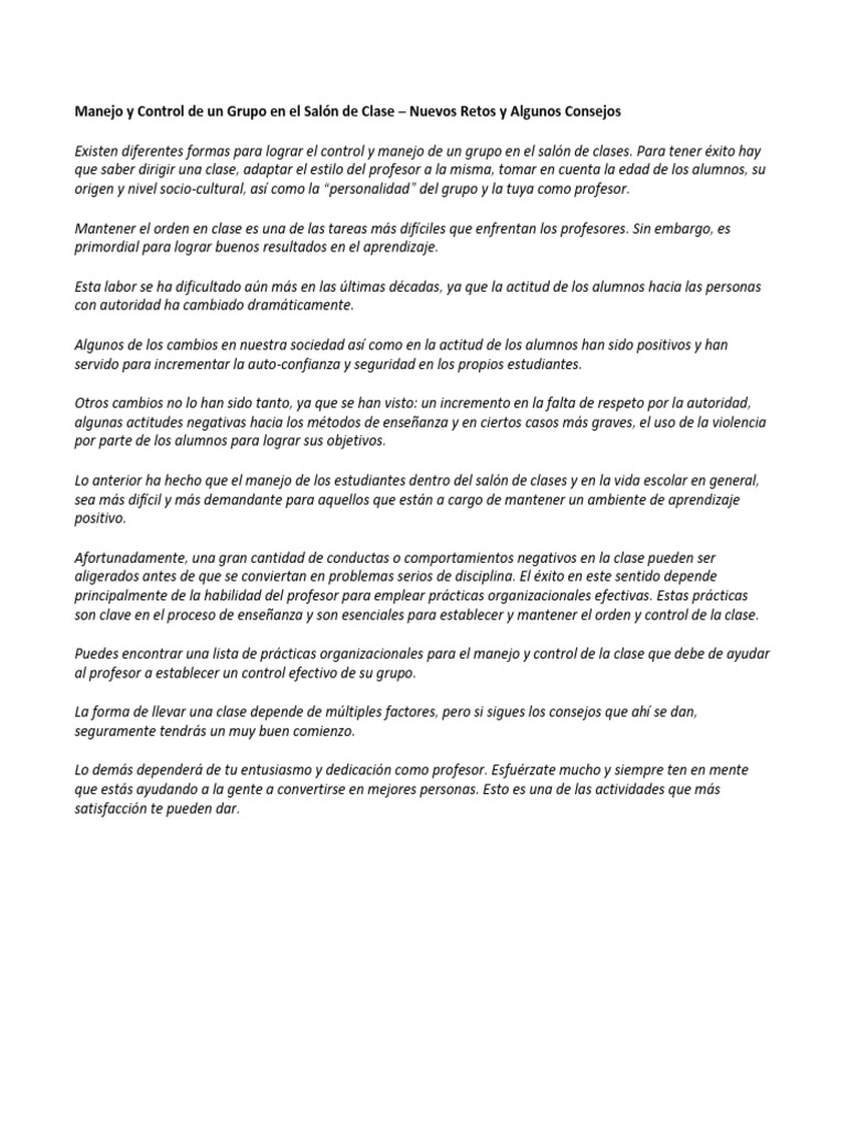 Manejo y Control de Un Grupo en El Salón de Clase | PDF | Disciplinas ...