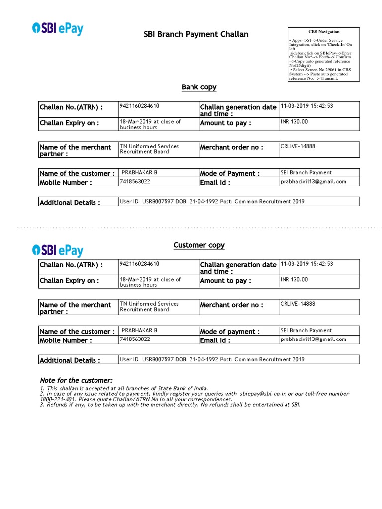 SBI Branch Payment Challan: Bank | PDF | Banking | Computing