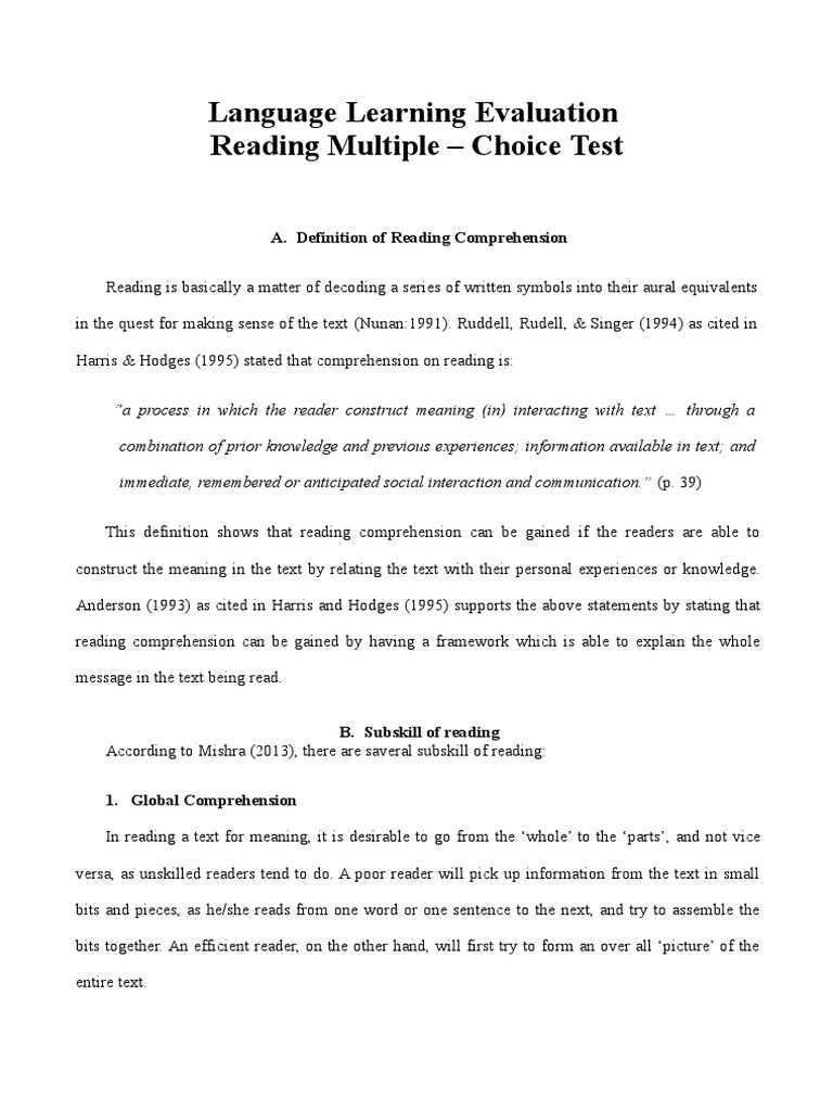 Reading Comprehension Skills Assessment | PDF | Multiple Choice | Test ...