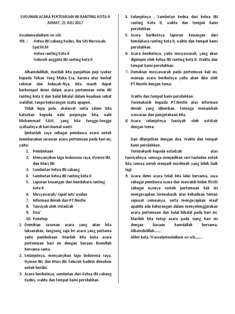 Susunan Acara Pertemuan Ibi Ranting Kota II | PDF