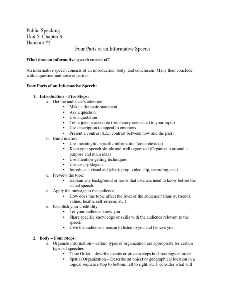 Public Speaking Unit 5: Chapter 9 Handout #2 Four Parts of An ...