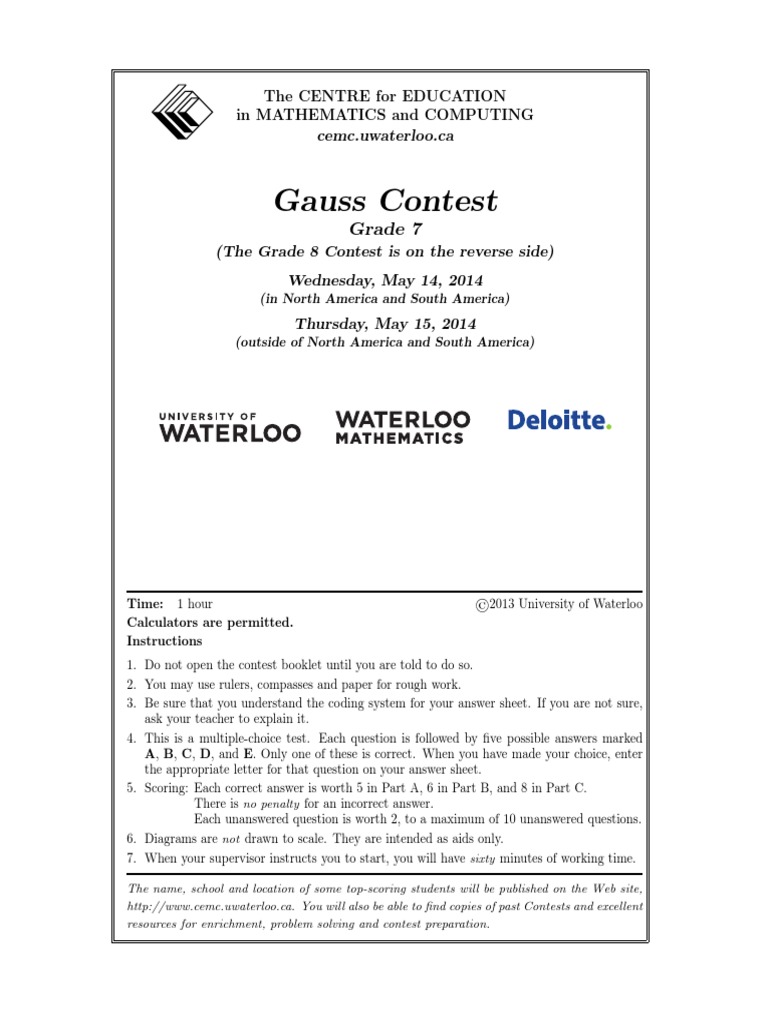 Gauss Contest: Grade 7 | PDF | Multiple Choice | Elementary Mathematics