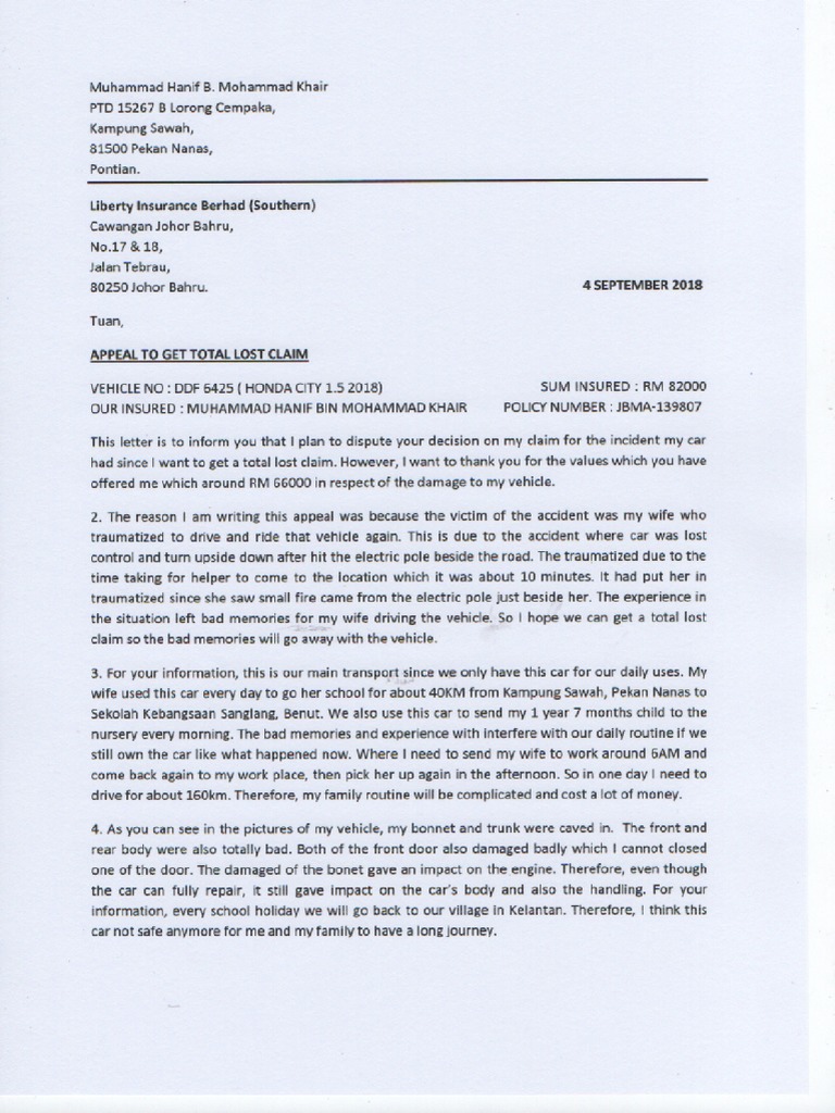 Appeal Letter To Claim Total Lost On Car | PDF