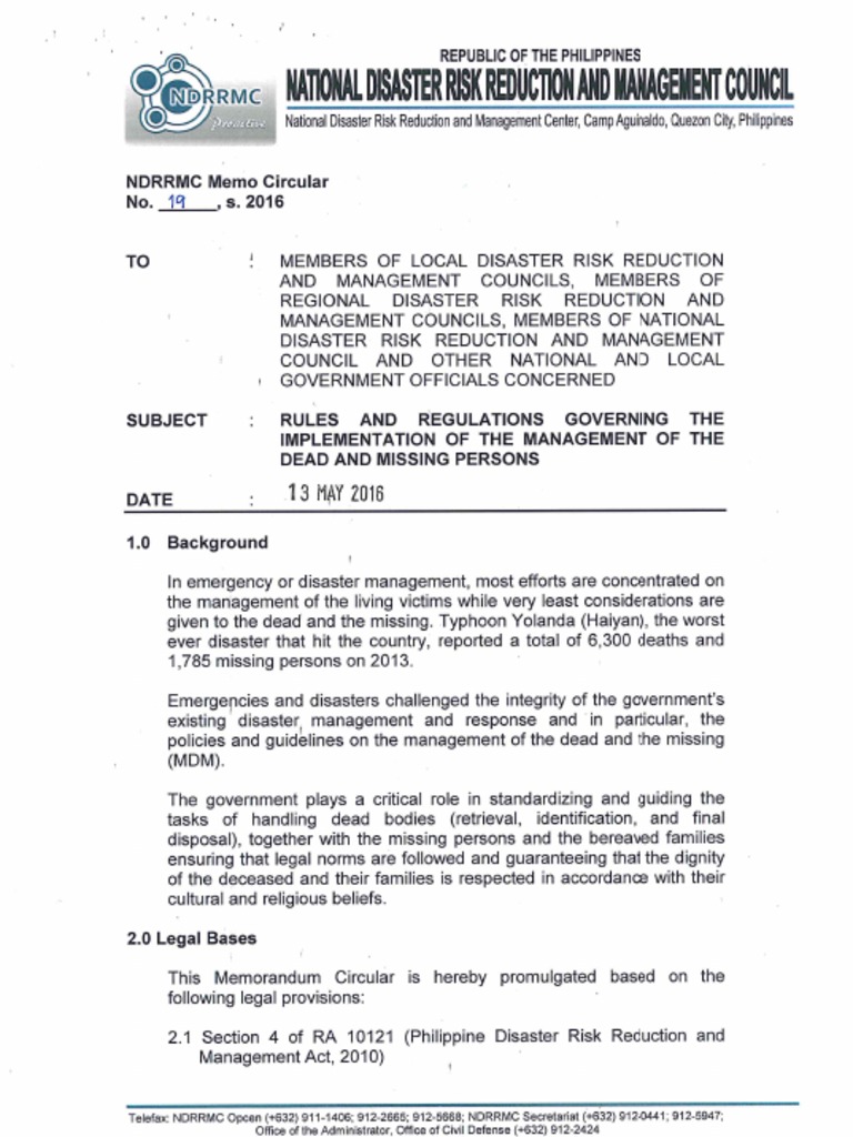 NDRRMC Memo No. 19 s 2016 Rules and Regulations Governing the ...