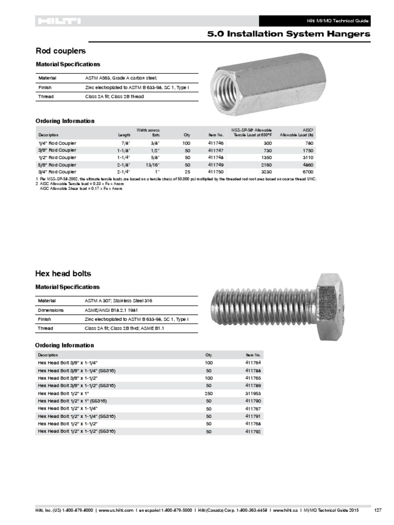 Hilti MI/MQ Technical Guide Rod Couplers and Hex Head Bolts | PDF ...