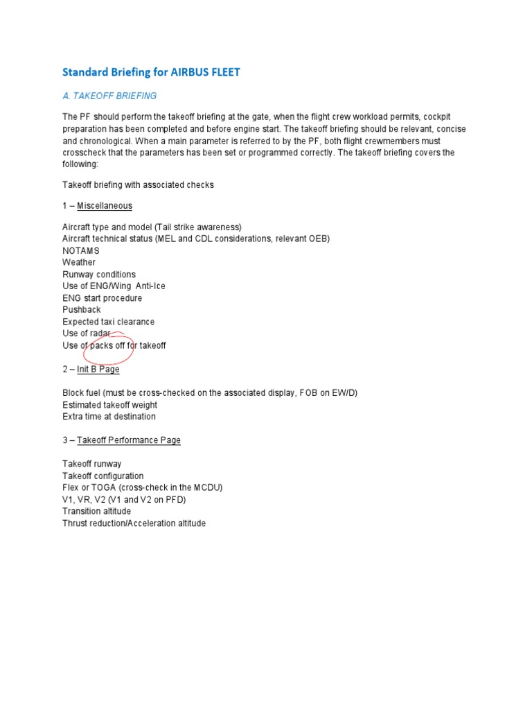 Standard Briefing For AIRBUS FLEET | PDF | Takeoff | Flight
