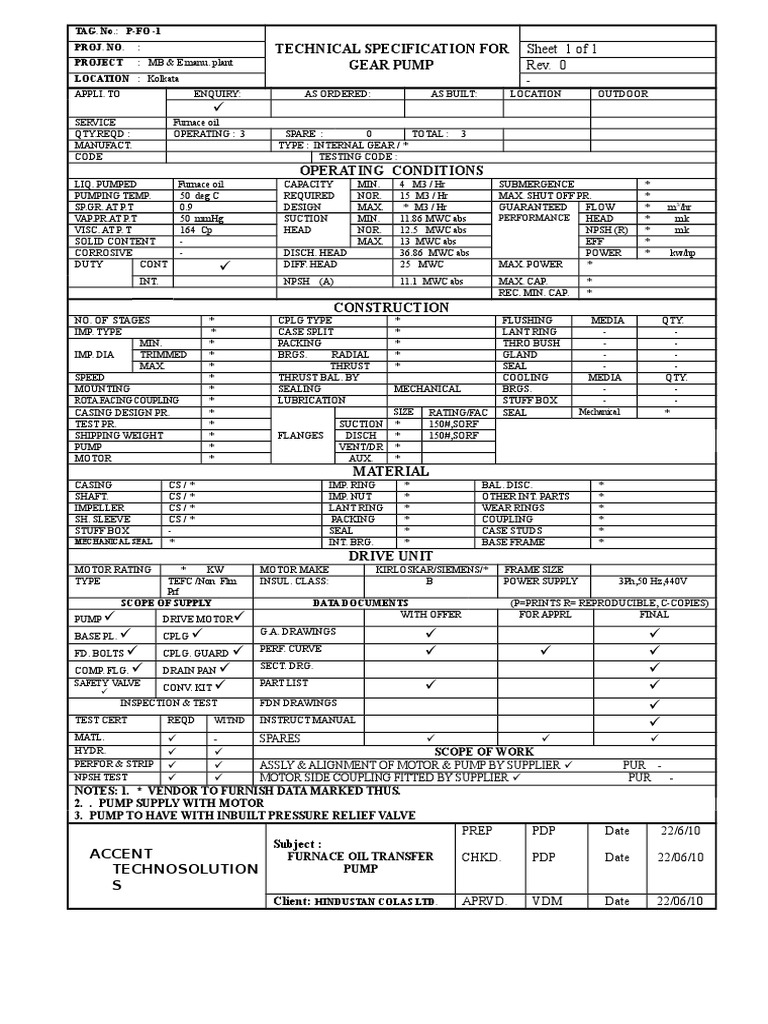 Technical Specification For Gear Pump: Sheet 1 of 1 Rev. 0 | PDF | Pump ...