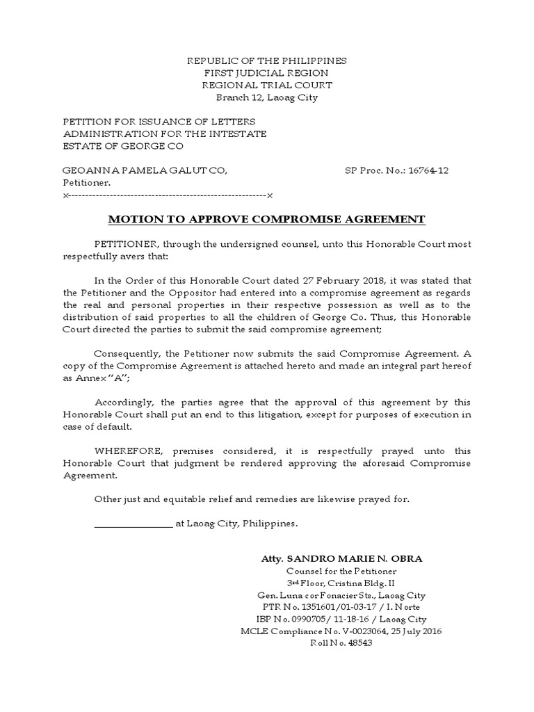 Motion To Approve Compromise Agreement | PDF