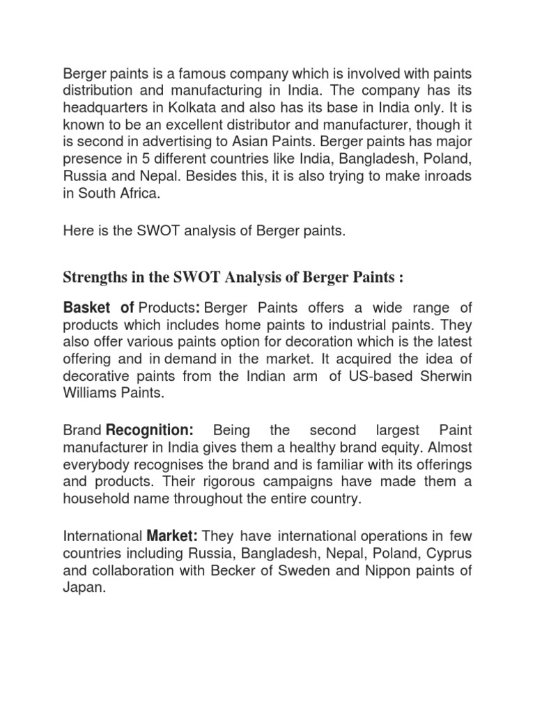 Strengths in The SWOT Analysis of Berger Paints | PDF | Economic Growth ...