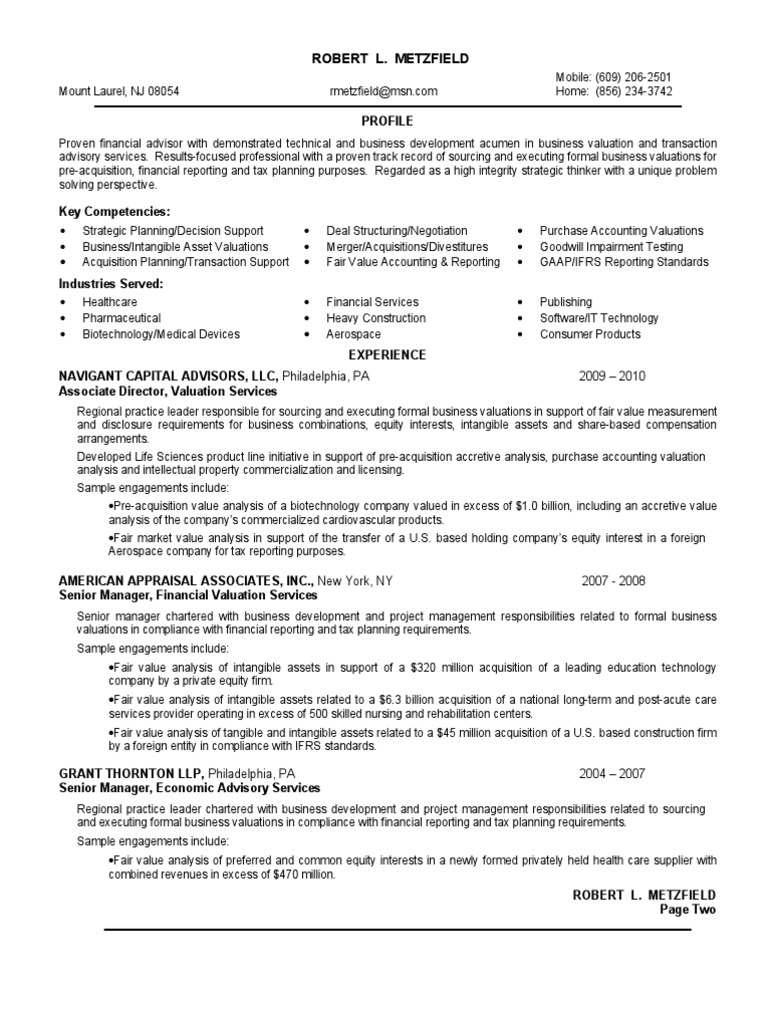 Senior Business Valuation Professional in Philadelphia PA NJ NY Resume ...
