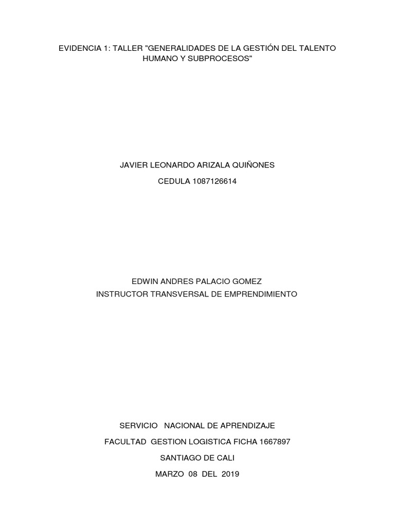 Evidencia 1 Taller Generalidades de La Gestión Del Talento Humano y Subprocesos | PDF ...