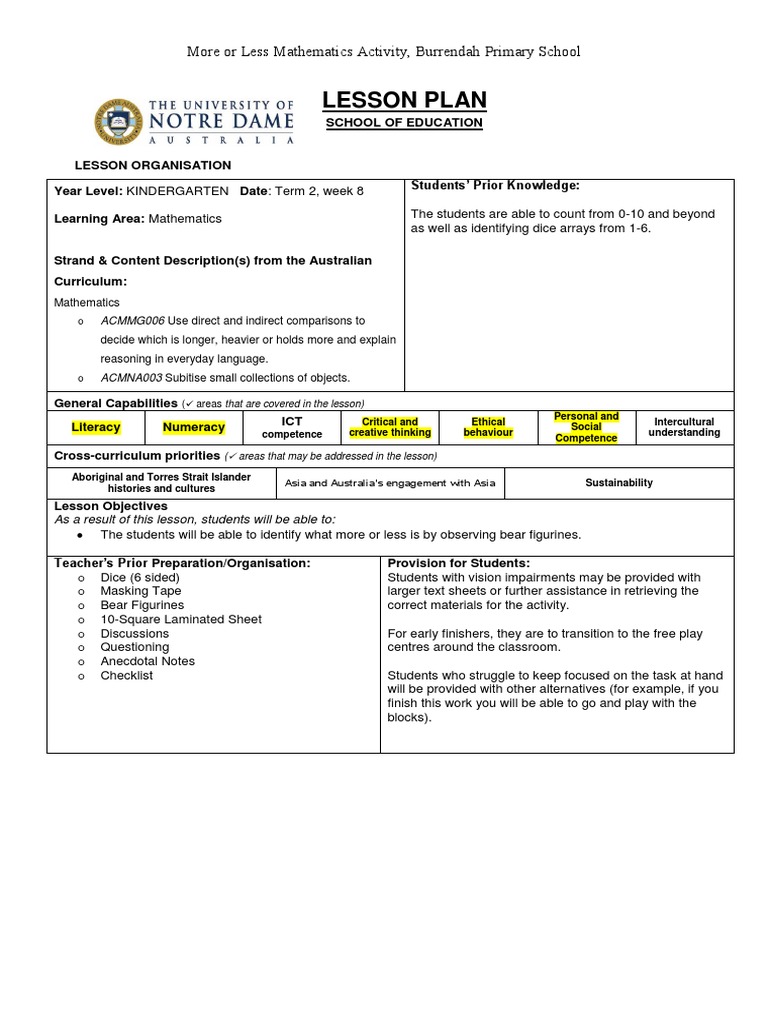Lesson Plan: More or Less Mathematics Activity, Burrendah Primary ...