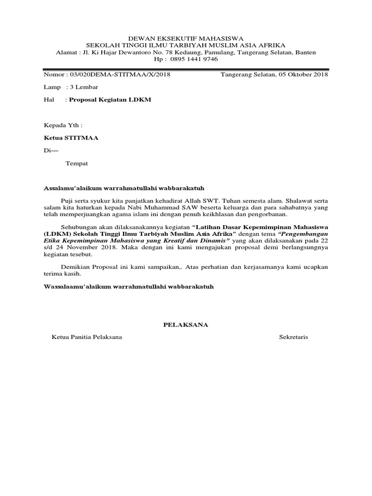 Proposal Kegiatan LDKM Dema Stitmaa | PDF