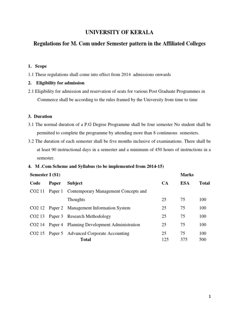 M.Com Syllabus Regulations - Kerala University | PDF | Thesis | Taxes