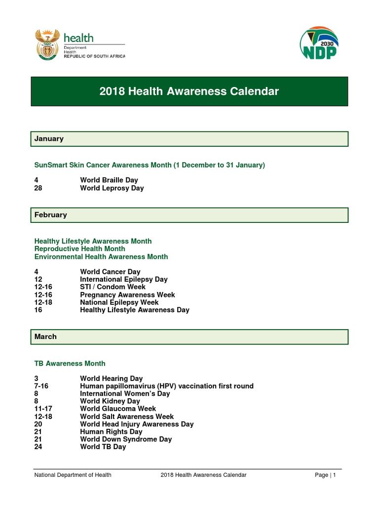 2018 Health Awareness Calendar - Final | PDF | Preventive Healthcare ...