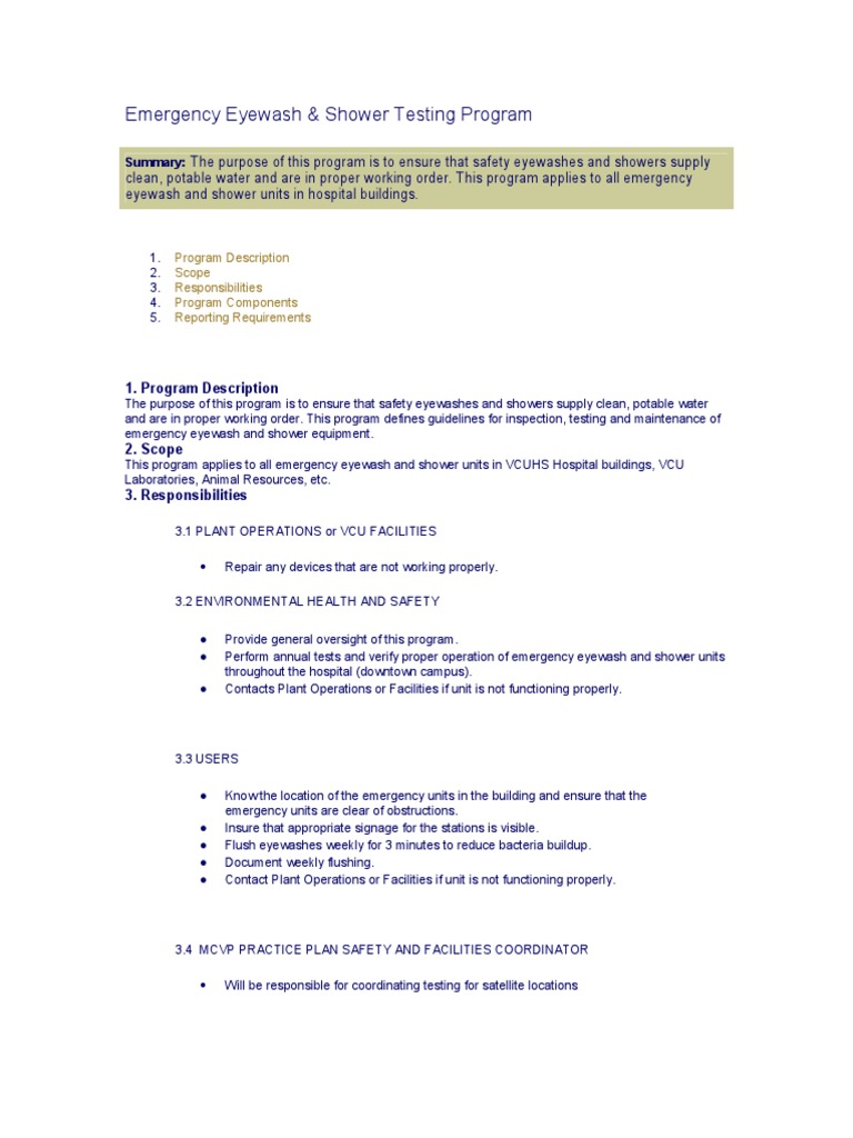 Emergency Eyewash & Shower Testing Program | PDF | Drinking Water | Shower