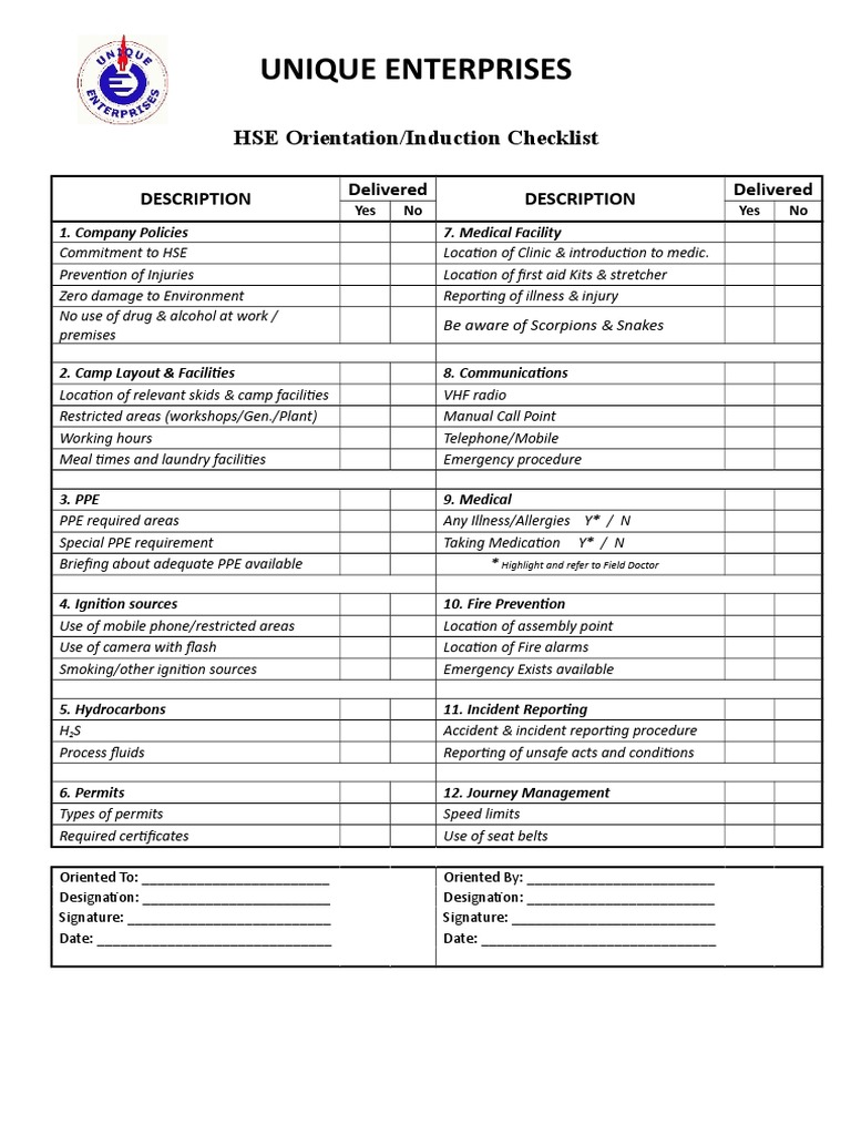 Unique Enterprises: HSE Orientation/Induction Checklist | PDF | Safety ...