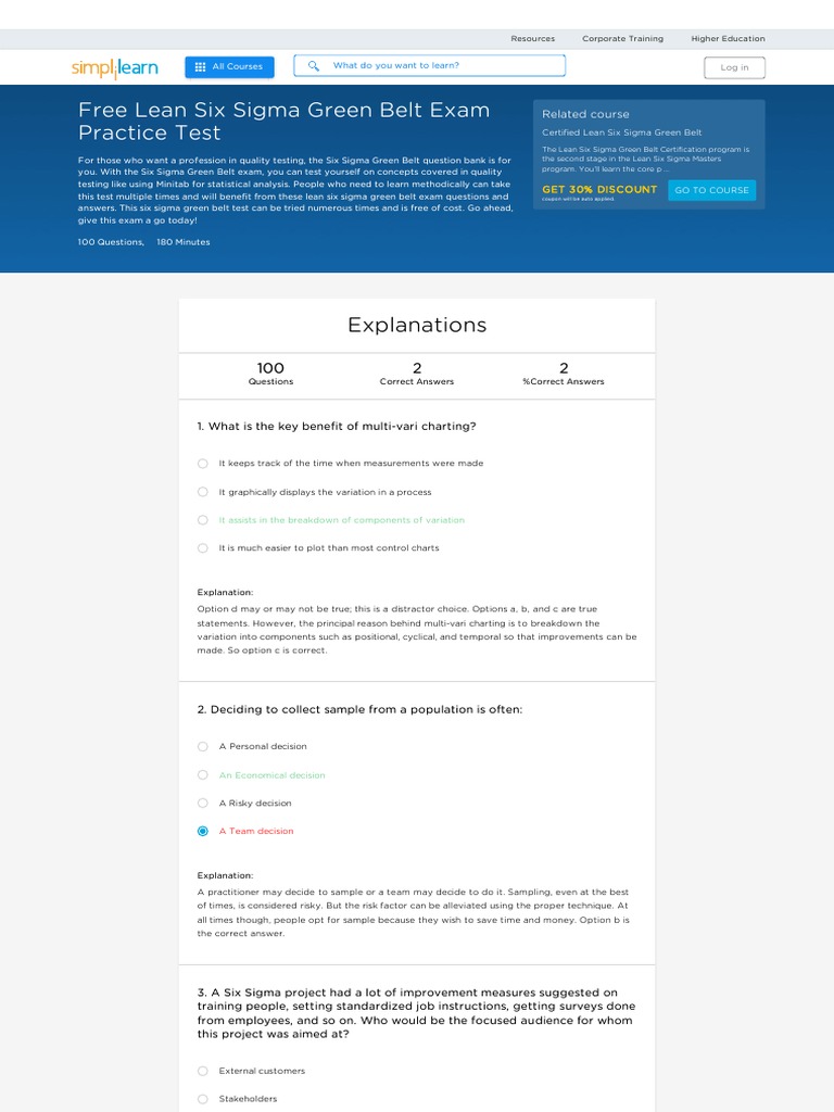 Lean Six Sigma Green Belt Exam Questions - Free Practice Test | PDF