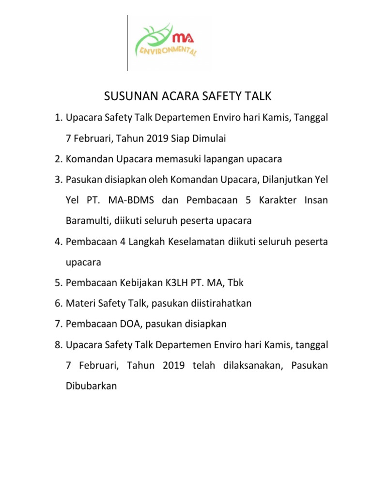 Susunan Acara Safety Talk | PDF