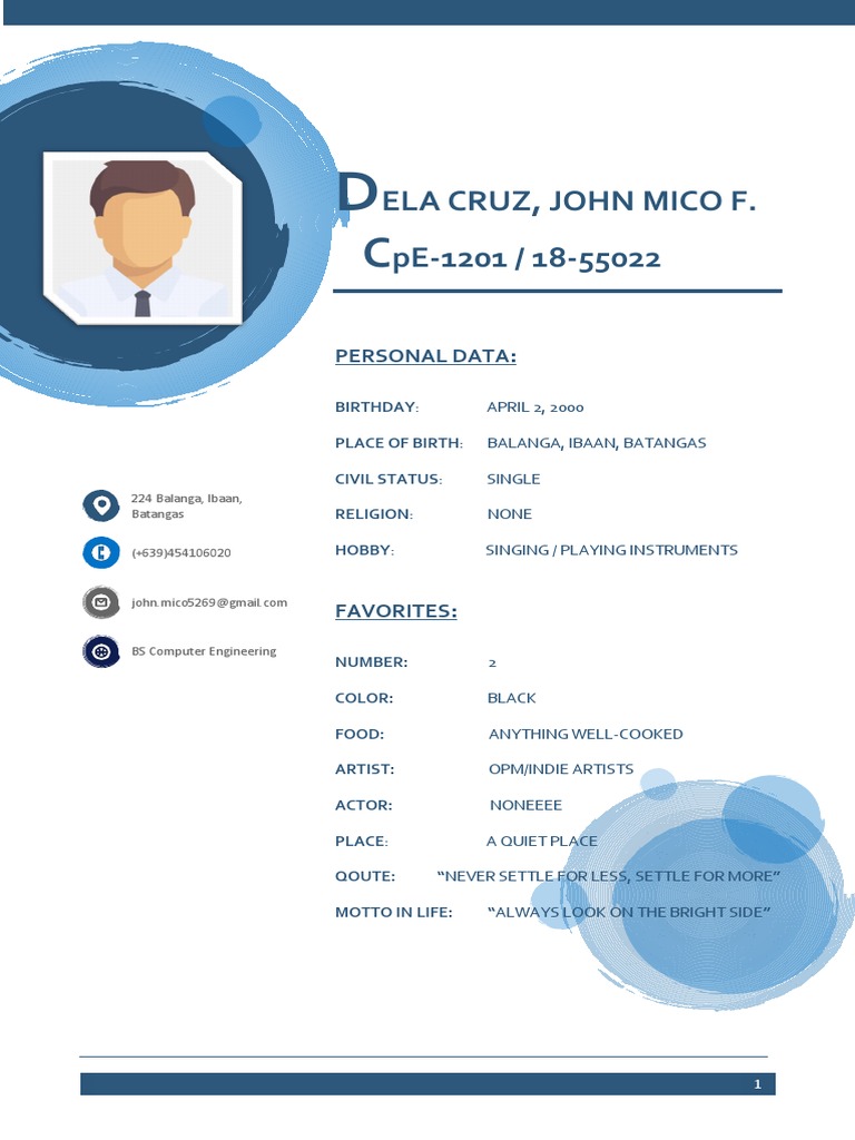 Ela Cruz, John Mico F. Pe-1201 / 18-55022: Personal Data | PDF