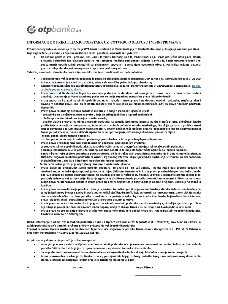 Informacije Uz Potvrdu o Statusu I Visini Primanja | PDF