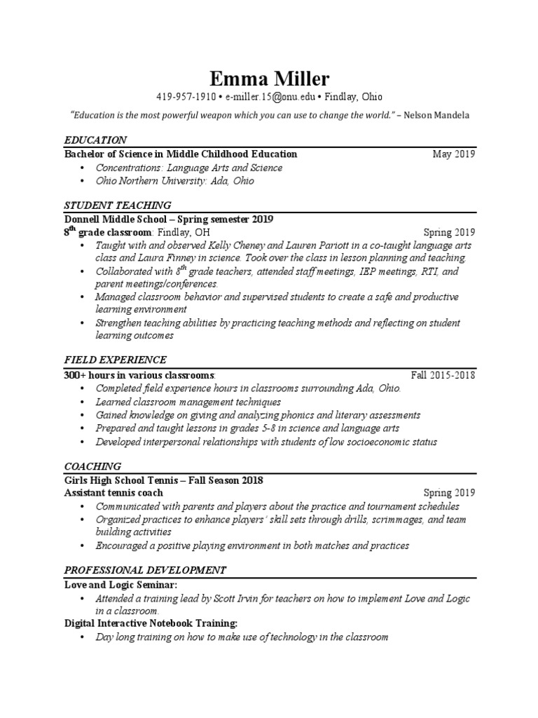 Miller Emma Resume | PDF | Teachers | Behavior Modification