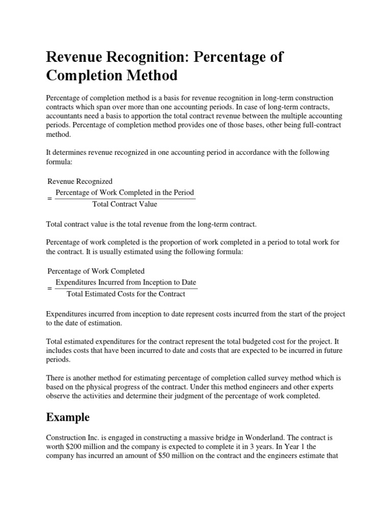Revenue Recognition: Percentage of Completion Method: Example | PDF ...