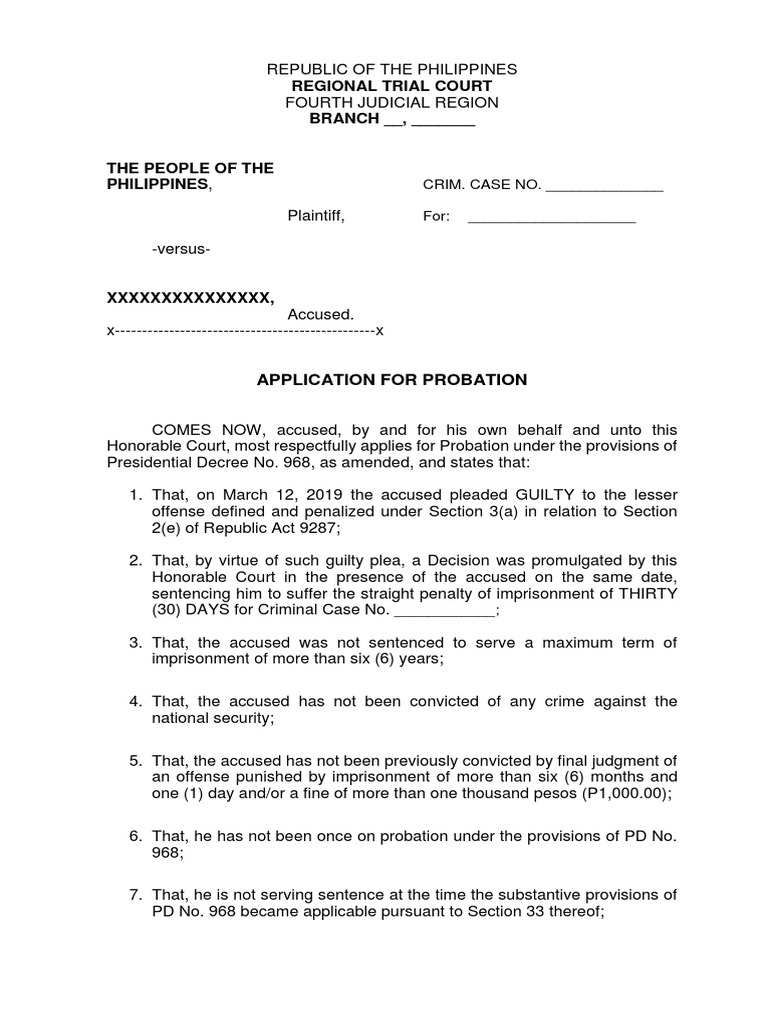 Application For Probation (Sample) | PDF | Probation | Sentence (Law)