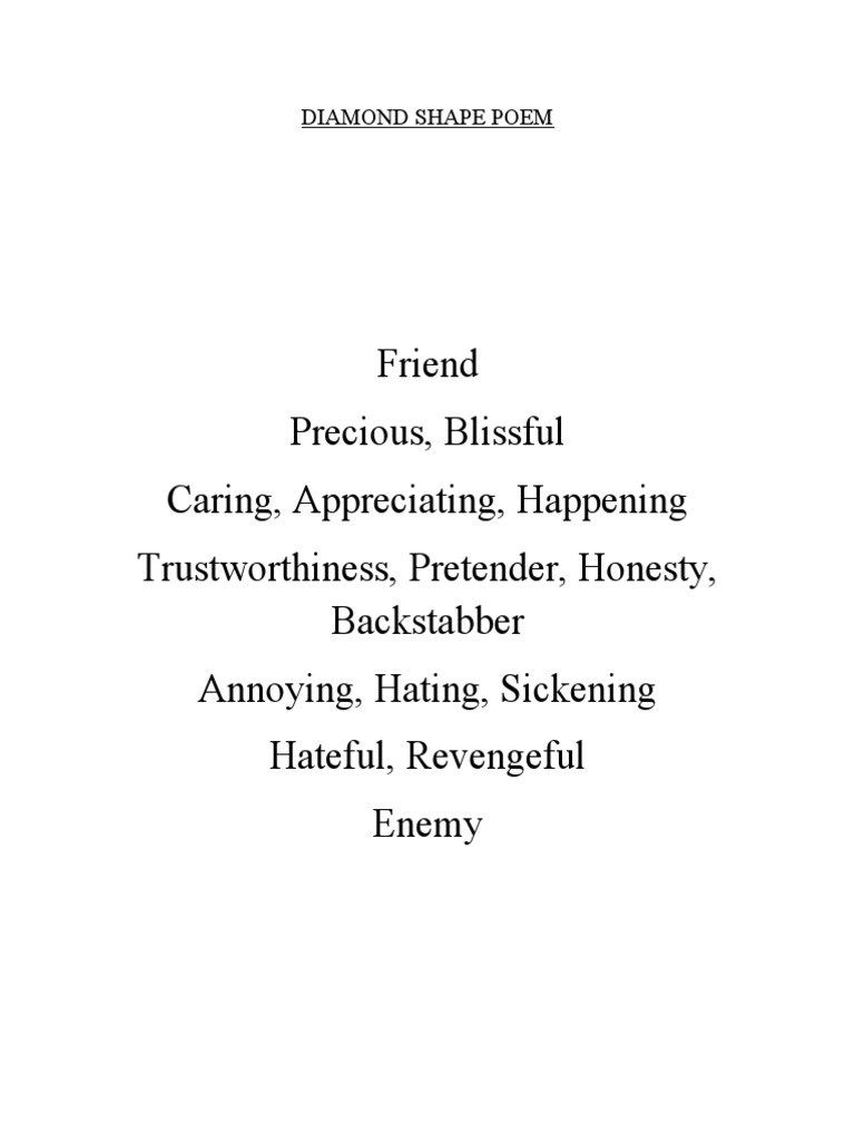 Diamond Shape Poem on Friendship and Enmity | PDF
