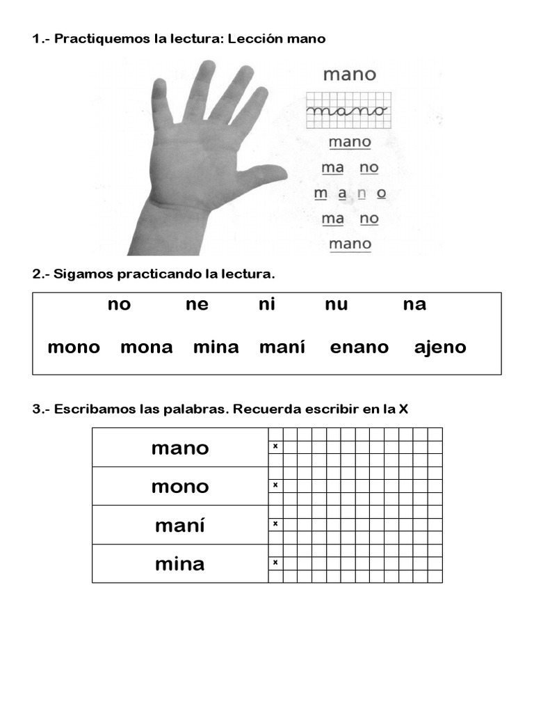 Lección de Lectura: Mano y Palabras | PDF