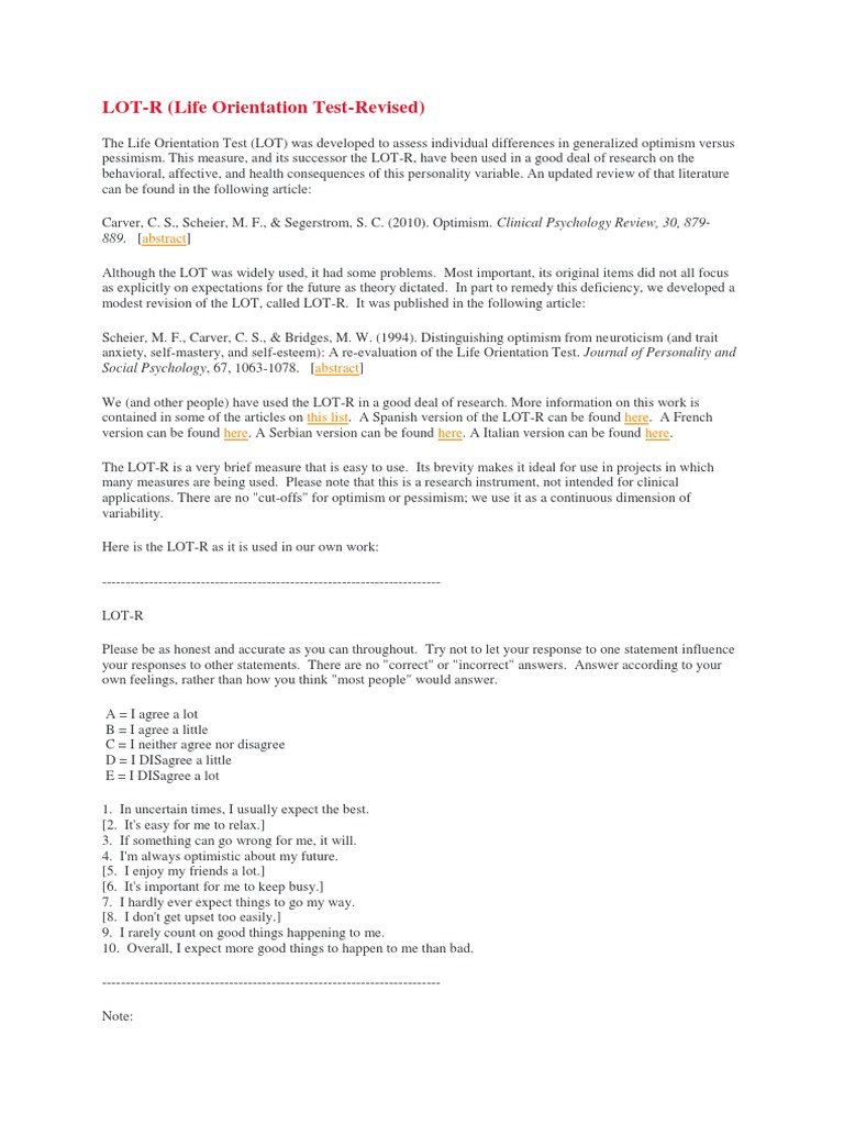 LOT-R (Life Orientation Test-Revised) | PDF | Optimism | Social Psychology