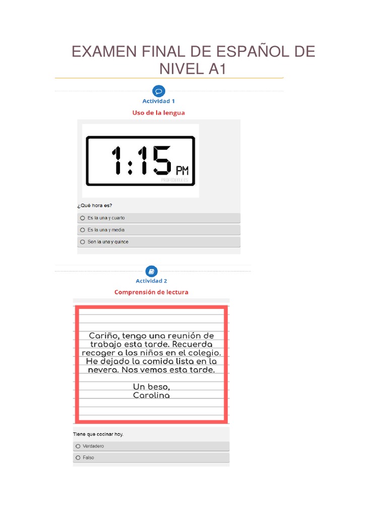 EXAMEN FINAL DE ESPAÑOL DE NIVEL A1.docx | PDF