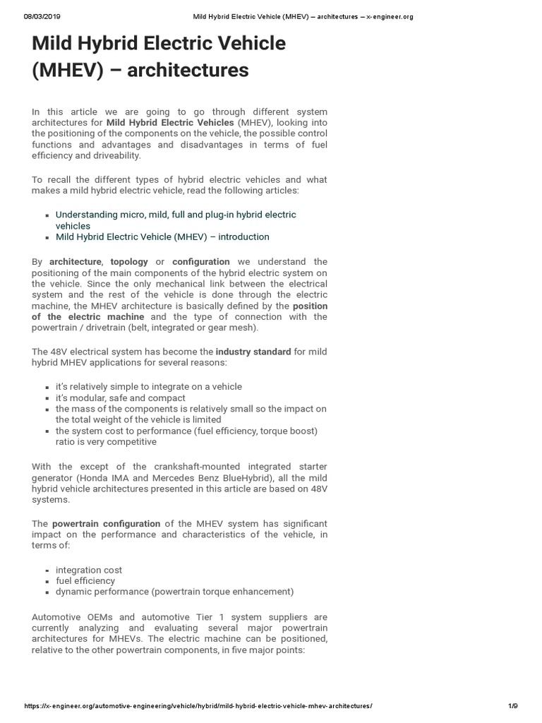 Mild Hybrid Electric Vehicle (MHEV) - Architectures | PDF ...