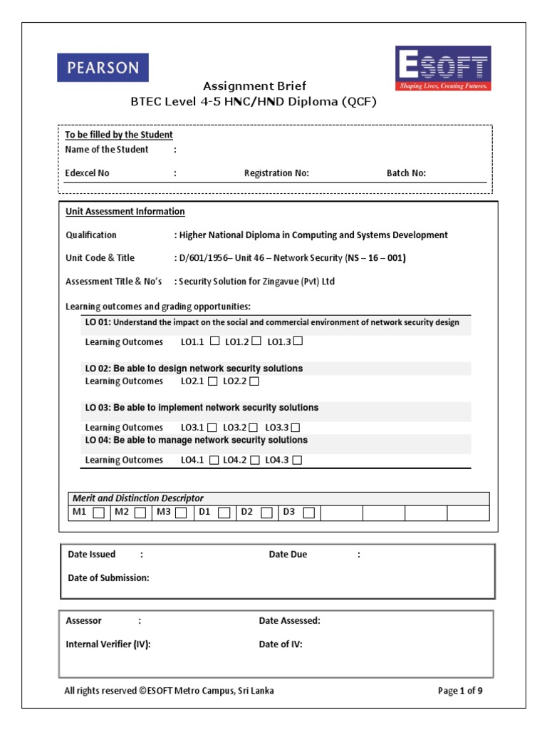 Assignment Brief BTEC Level 4-5 HNC/HND Diploma (QCF) : To Be Filled by The Student | PDF ...