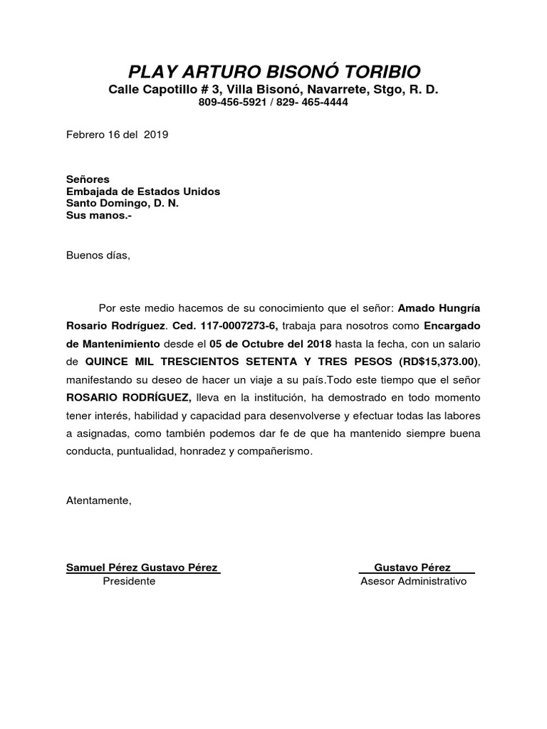 Carta de Trabajo para Solicitud de Una Visa | PDF | República ...