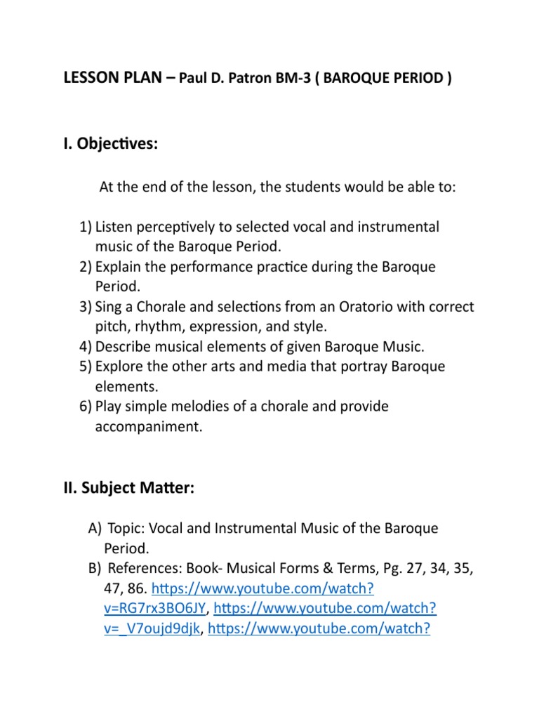 Lesson Plan - Paul D | PDF | Baroque Music | String Instruments